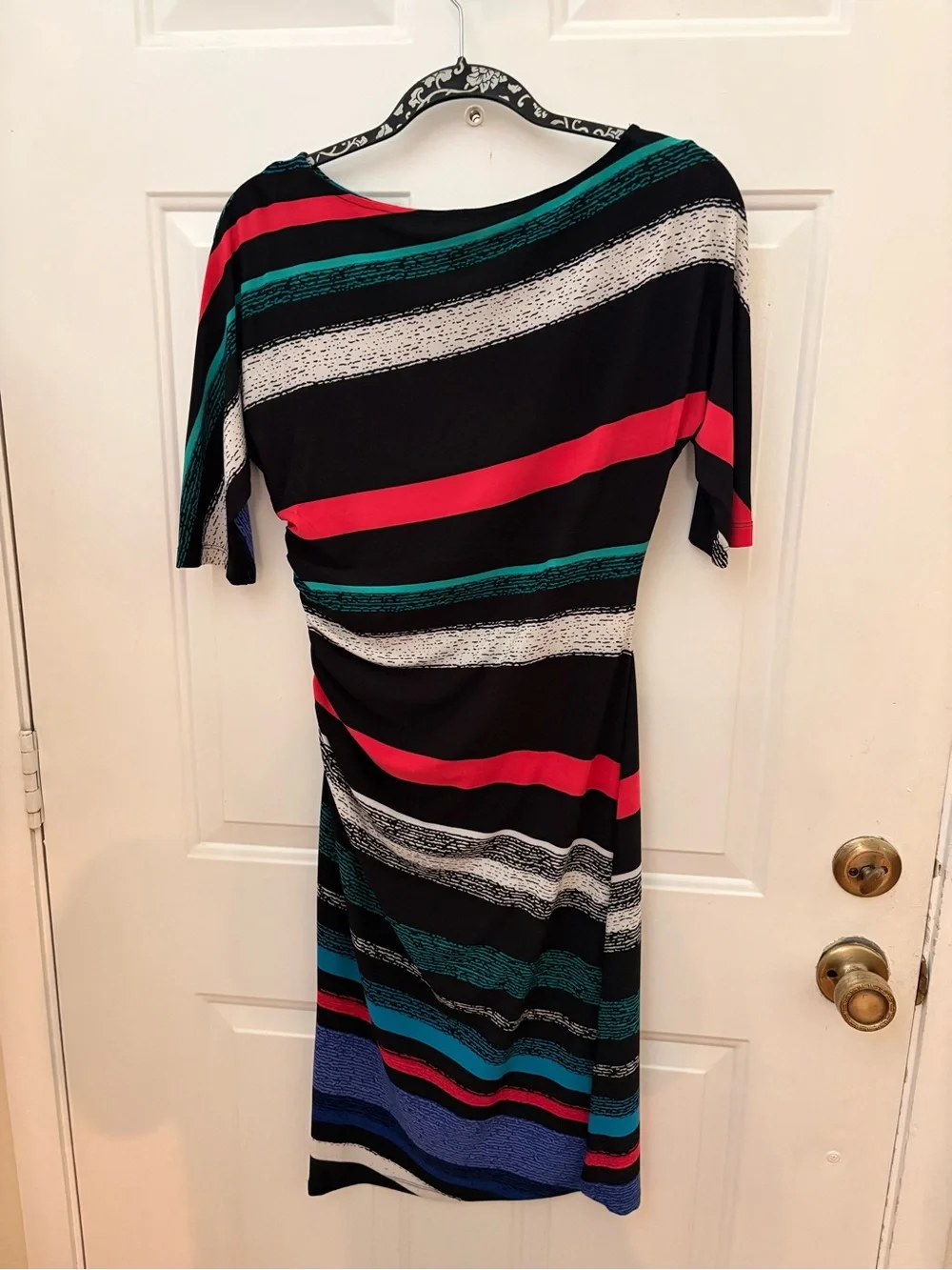 Evan Picone | Dresses | Evan Picone Black Midi Dress With Blue Teal Red ...